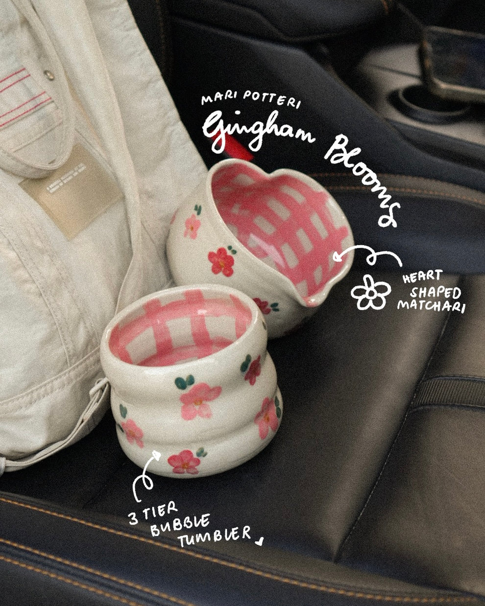 MARI POTTERI GINGHAM BLOOMS ( matchari , tumbler & chasen holder ...